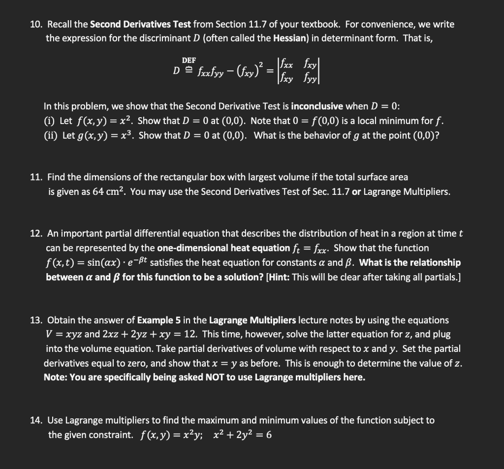 Solved 10. Recall the Second Derivatives Test from Section | Chegg.com
