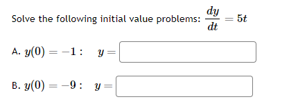 Solved Solve the following initial value problems: dtdy=5t | Chegg.com