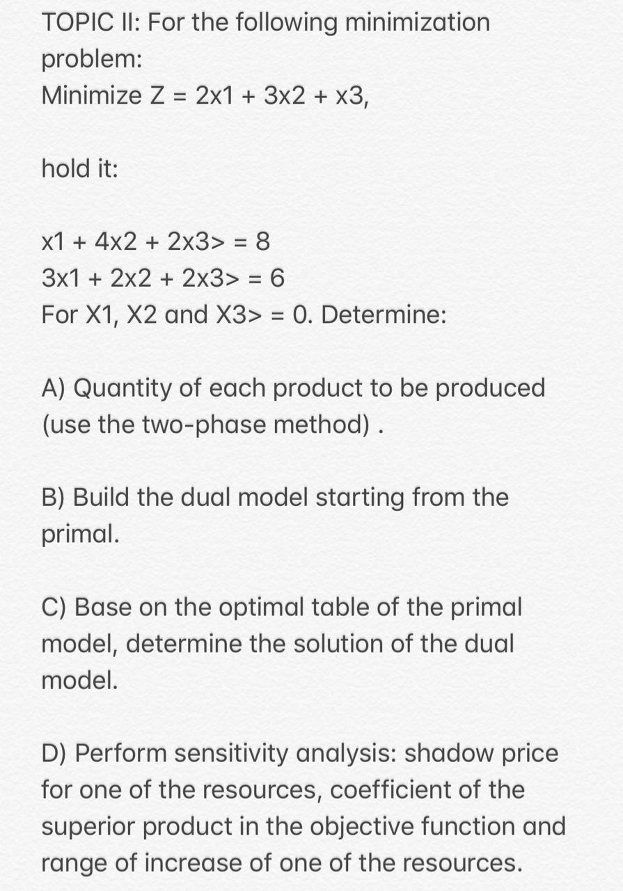 Solved TOPIC II: For the following minimization problem: | Chegg.com