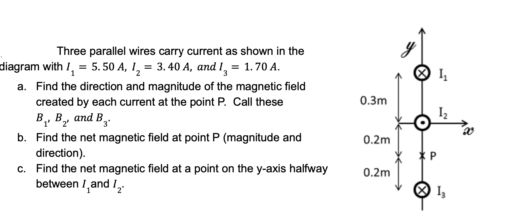 Solved = ) 1 2 3 ♡ I 0.3m Three parallel wires carry current | Chegg.com