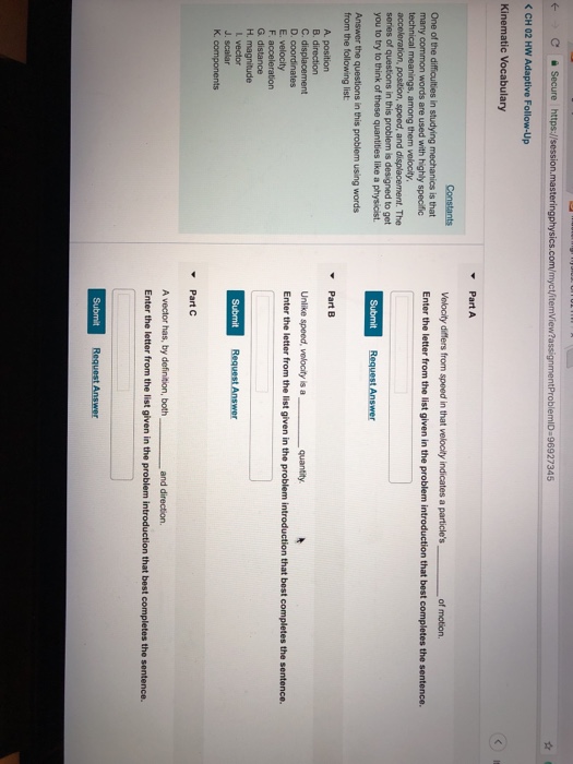 Solved PartA Volocity differs from speed in that velocity | Chegg.com
