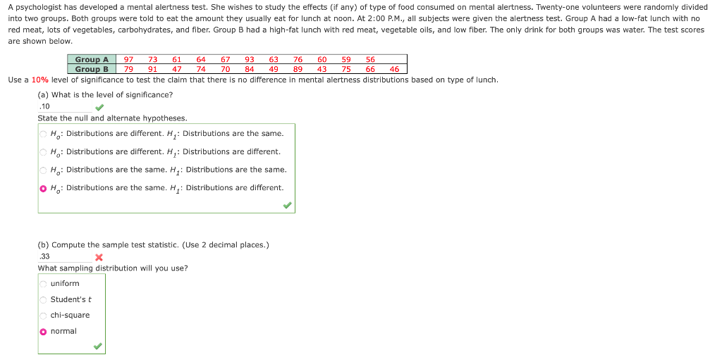 Solved A psychologist has developed a mental alertness test. | Chegg.com
