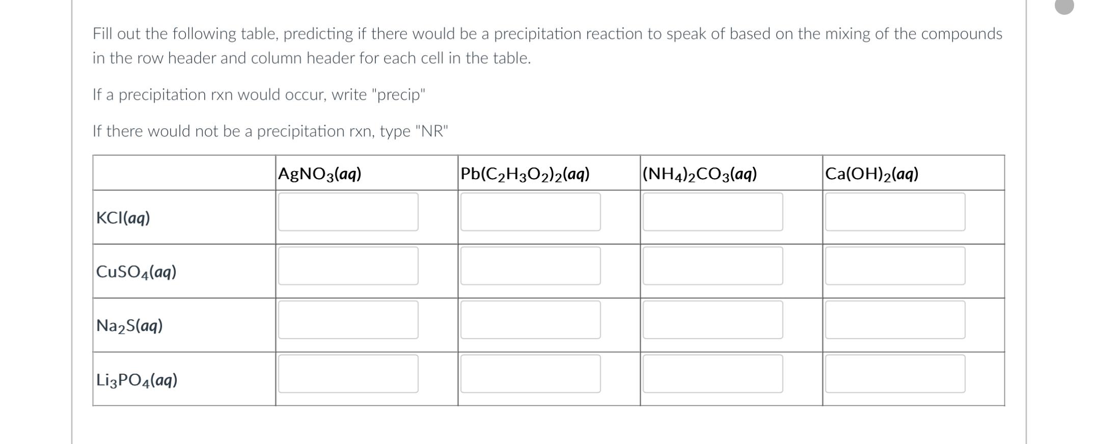 Fill out the following table, predicting if there | Chegg.com