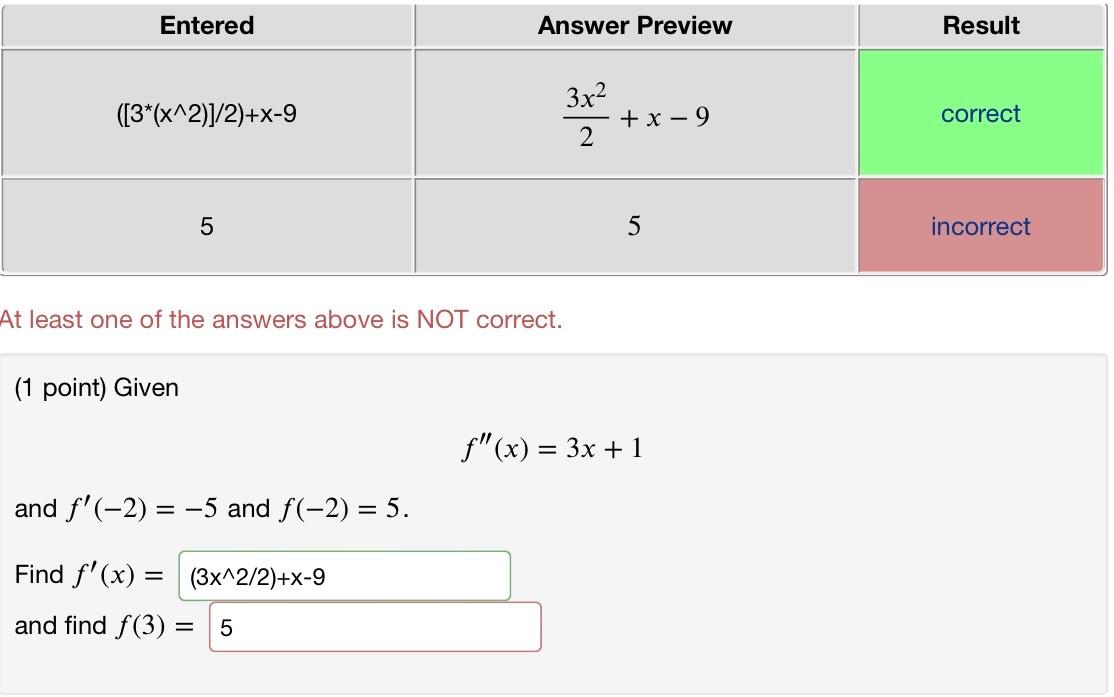 Solved Entered Answer Preview Result ([3*(x^2)]/2)+x-9 3x2 + | Chegg.com