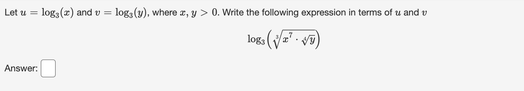 Solved Let u = log3 (2) and v = log2 (y), where x, y > 0. | Chegg.com