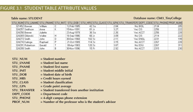 FIGURE 3.1 STUDENT TABLE ATTRIBUTE VALUES Table name: | Chegg.com