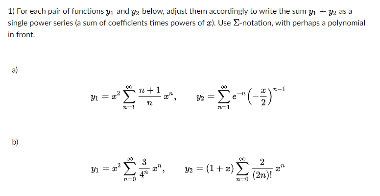 Solved 1) For each pair of functions y1 and y2 below, adjust | Chegg.com