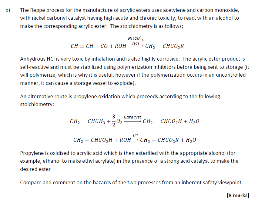 Solved b) The Reppe process for the manufacture of acrylic | Chegg.com