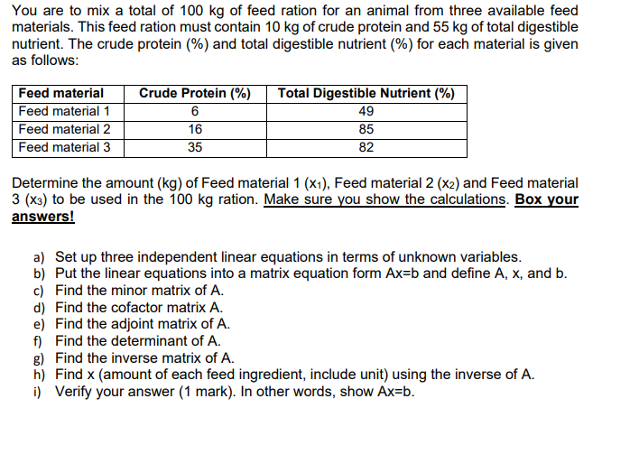 Solved You are to mix a total of 100 kg of feed ration for | Chegg.com