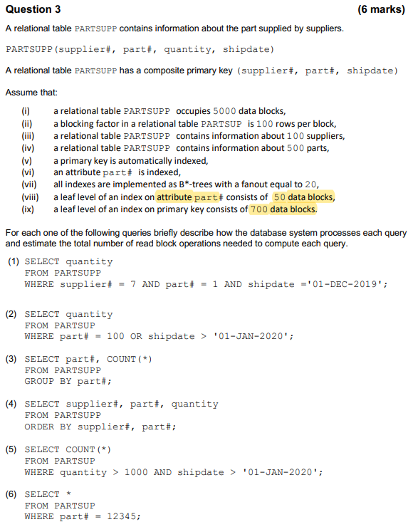Solved Question 3 (6 marks) A relational table PARTSUPP | Chegg.com