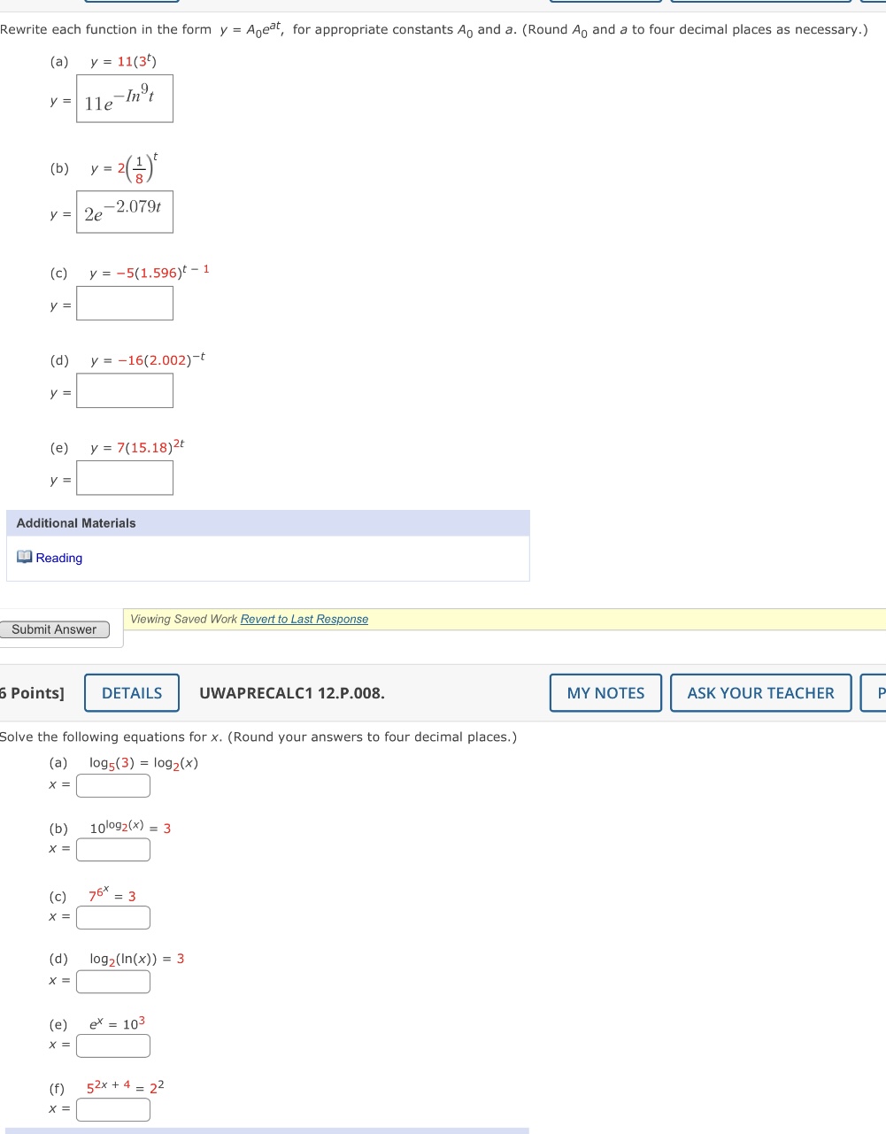 Solved Rewrite each function in the form y=A0eat, ﻿for | Chegg.com