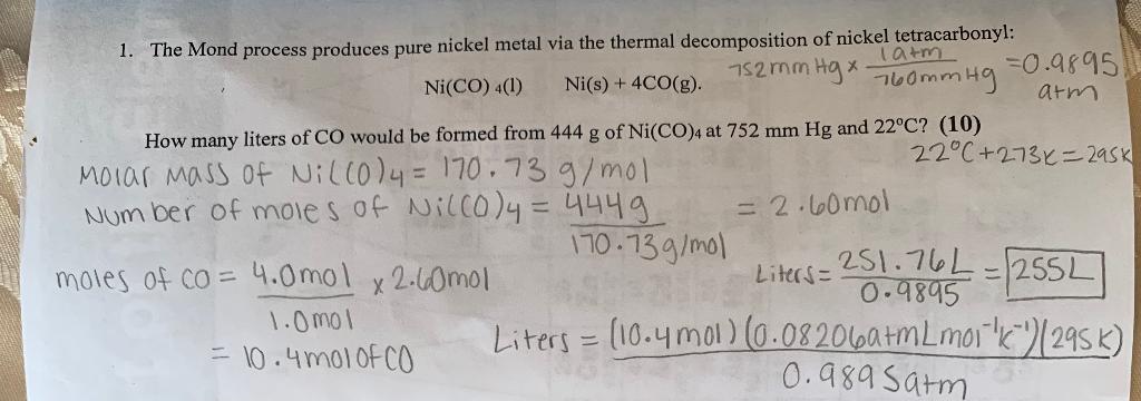 Solved 1. The Mond process produces pure nickel metal via | Chegg.com