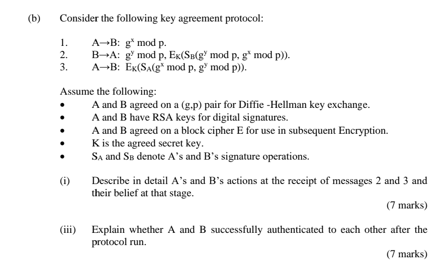 Solved Consider the following key agreement protocol: 1. | Chegg.com