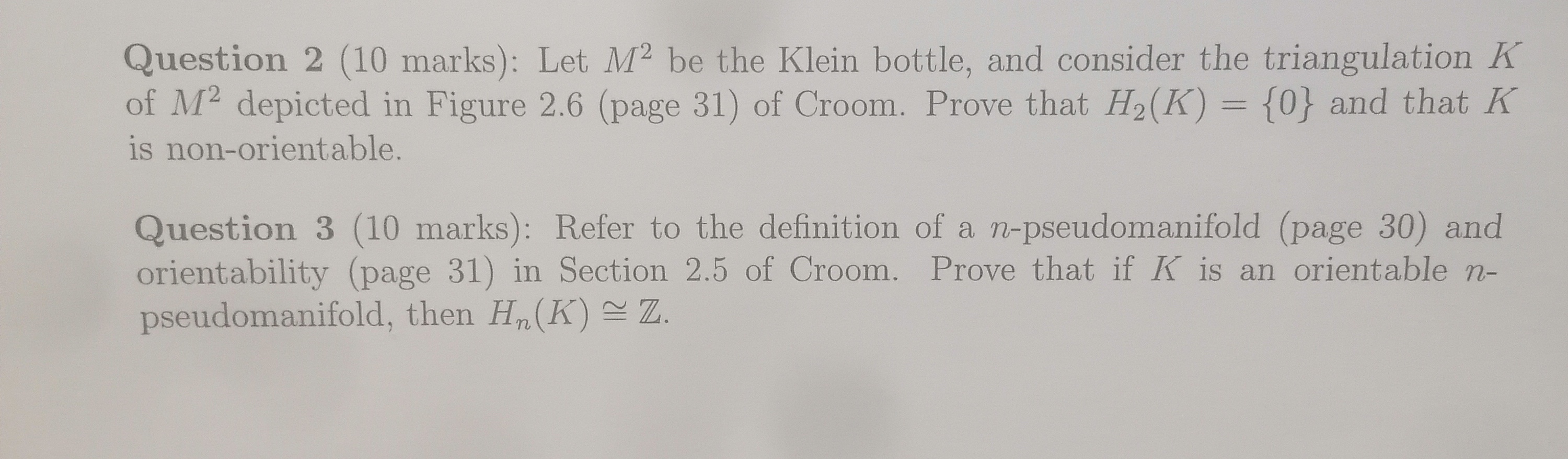 Solved Question 2 (10 marks): Let M2 be the Klein bottle, | Chegg.com