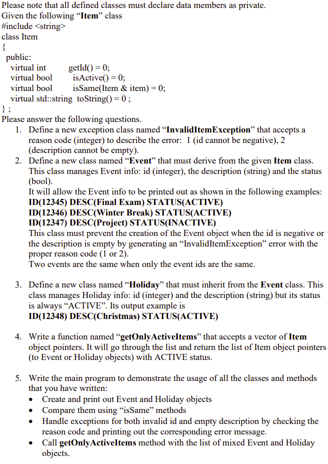 Solved Please note that all defined classes must declare | Chegg.com