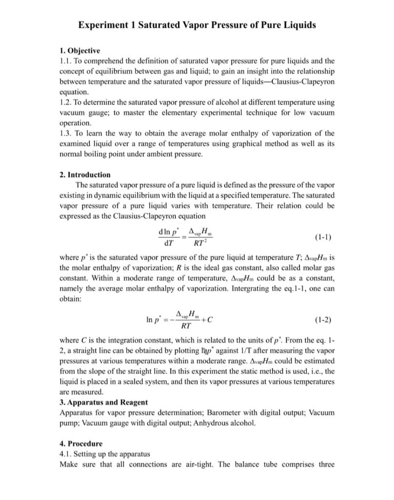 Solved Experiment 1 Saturated Vapor Pressure of Pure Liquids | Chegg.com
