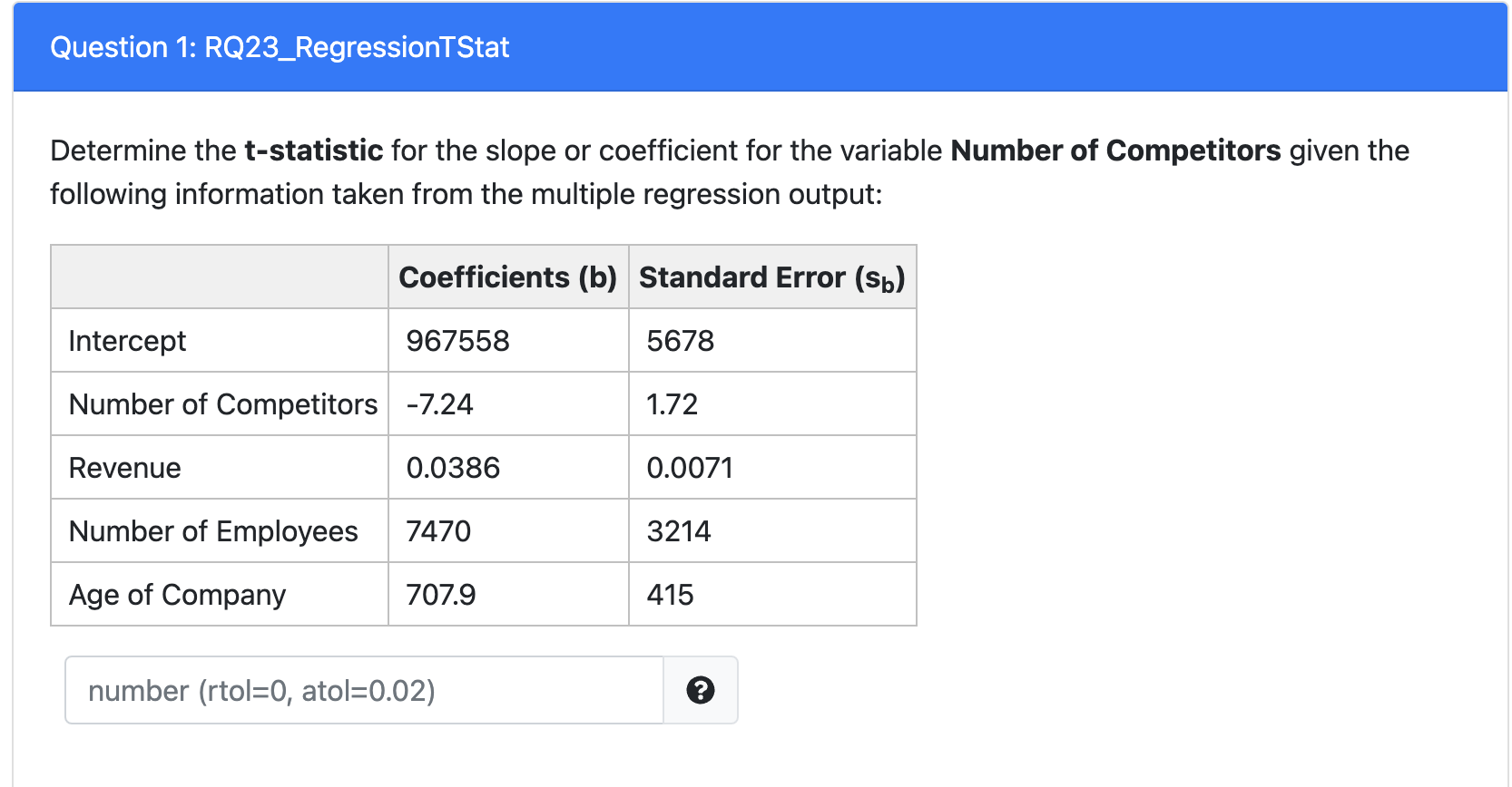 Solved Question 1: RQ23_RegressionTStat Determine the | Chegg.com