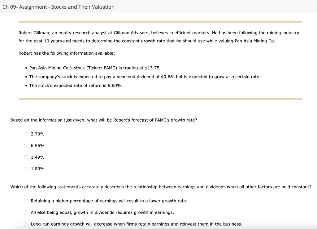 Solved Ch 09- Assignment - Stocks and Their Valuation Robert | Chegg.com