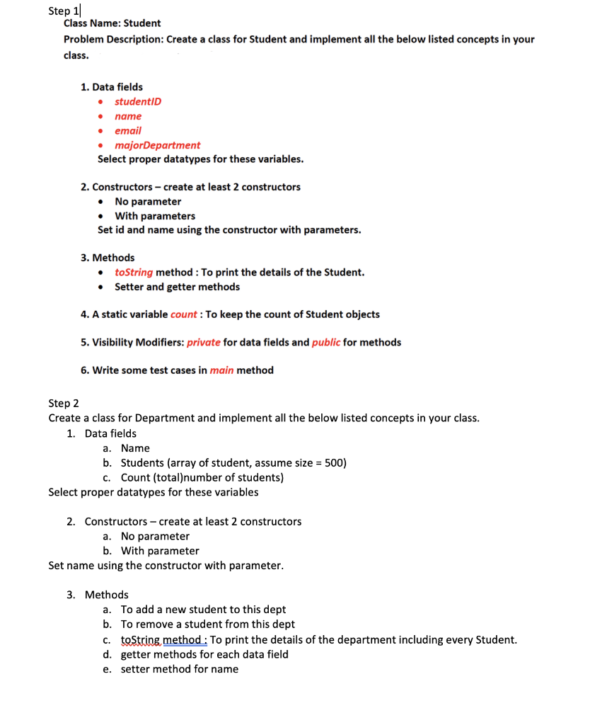 Solved Step 1 Class Name: Student Problem Description: | Chegg.com