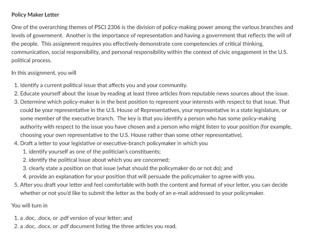 Policy Maker Letter One of the overarching themes of | Chegg.com