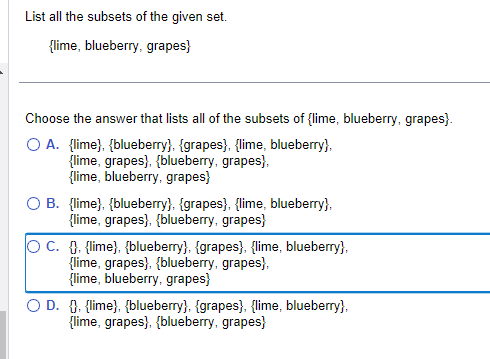 Solved List all the subsets of the given set. \{lime, | Chegg.com