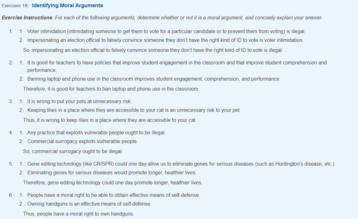 Recognizing Moral Arguments Exercises 1A: | Chegg.com