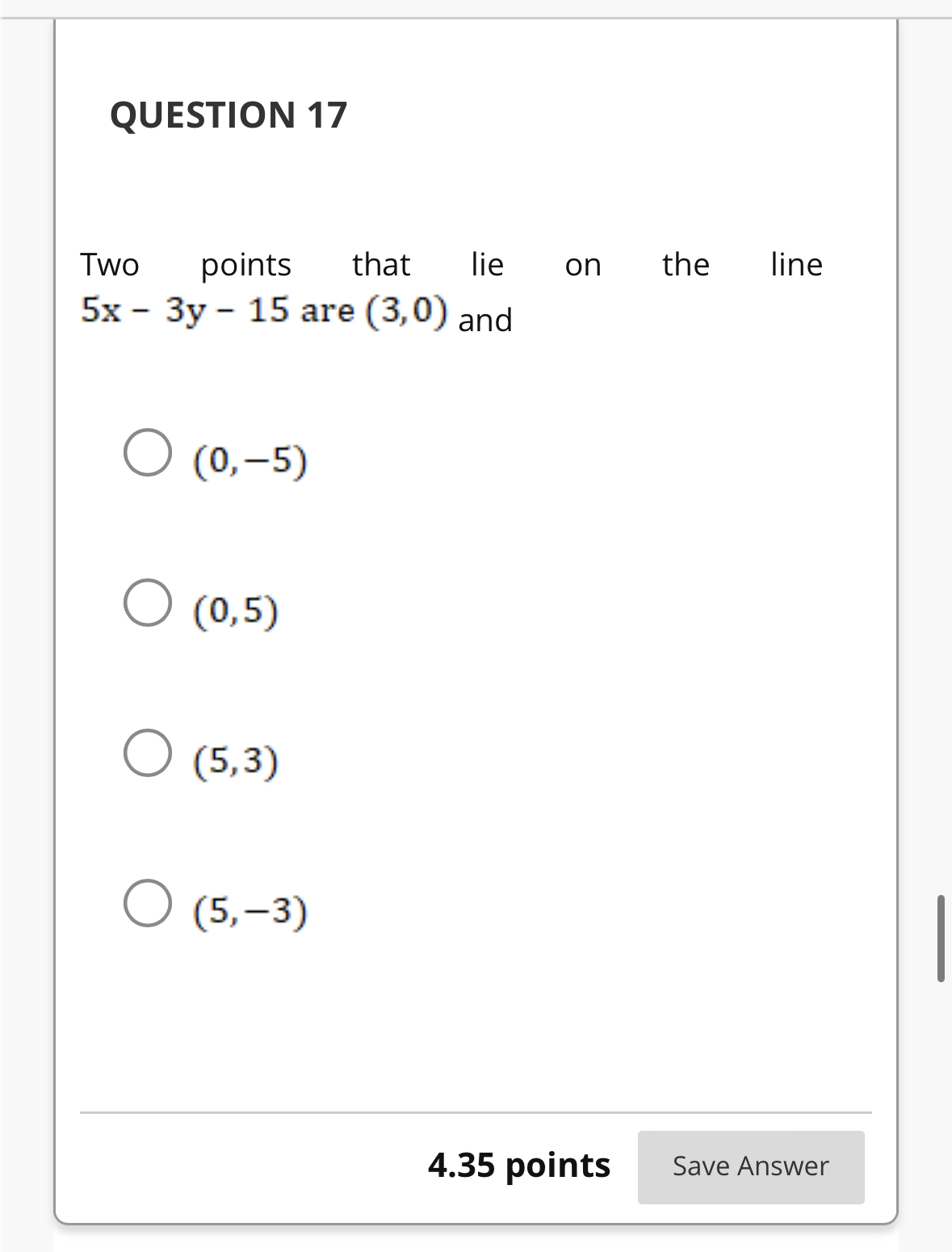 Solved Two points that lie on the line 5x−3y−15 are (3,0) | Chegg.com
