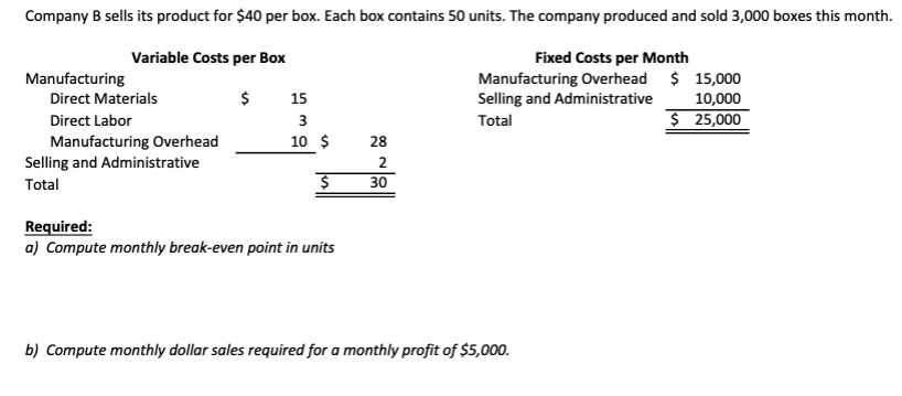 Solved Company B sells its product for $40 per box. Each box | Chegg.com