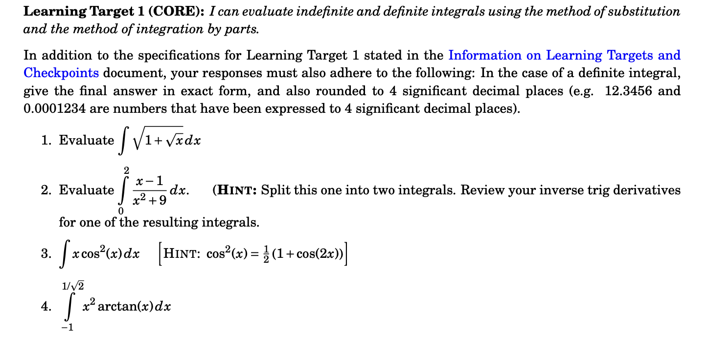 Solved Learning Target 1 (CORE): I can evaluate indefinite | Chegg.com