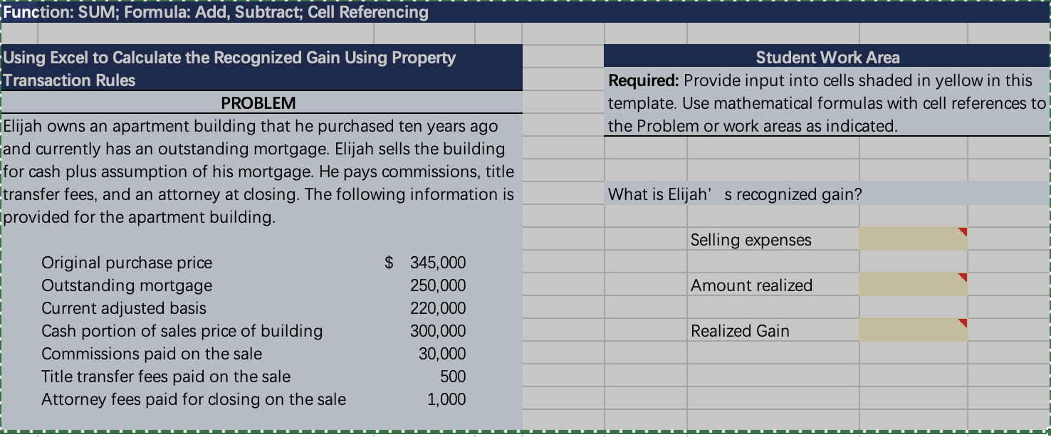 Solved Function: SUM; Formula: Add, Subtract; Cell | Chegg.com