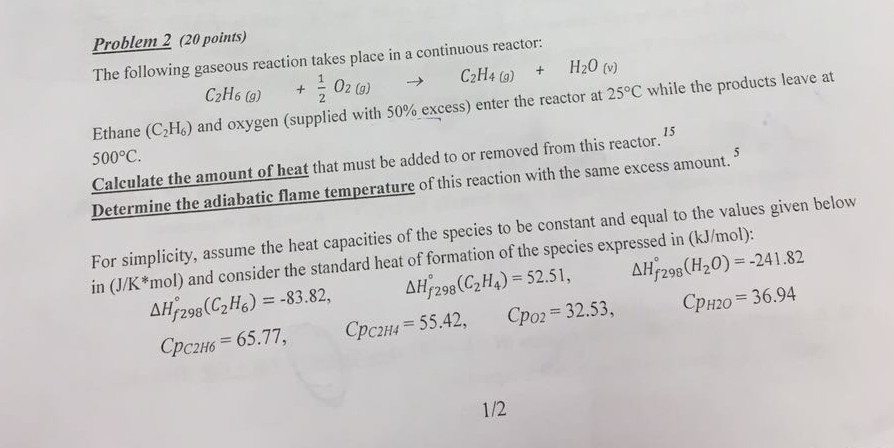 Solved Problem 2 (20 points) The following gaseous reaction | Chegg.com