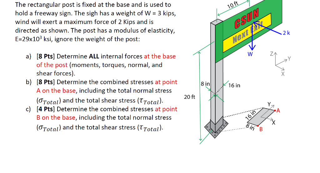 Solved 10 ft The rectangular post is fixed at the base and | Chegg.com