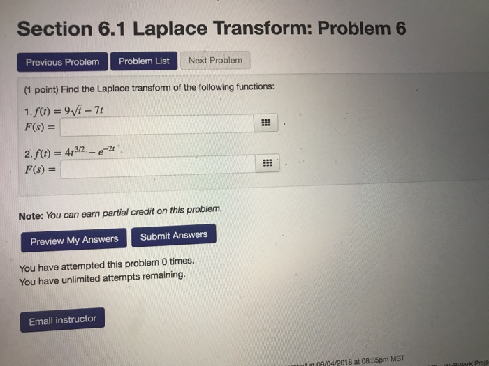 Solved Section 6.1 Laplace Transform: Problem 4 Previous | Chegg.com