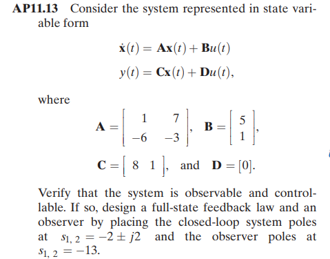 Solved AP11.13 Consider the system represented in state | Chegg.com