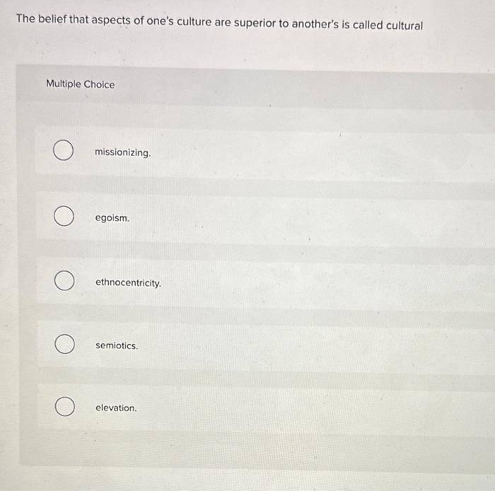 Solved The belief that aspects of one's culture are superior | Chegg.com