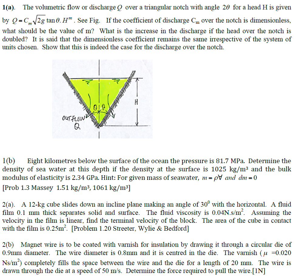 Solved 1(a). ﻿The volumetric flow or discharge Q ﻿over a | Chegg.com