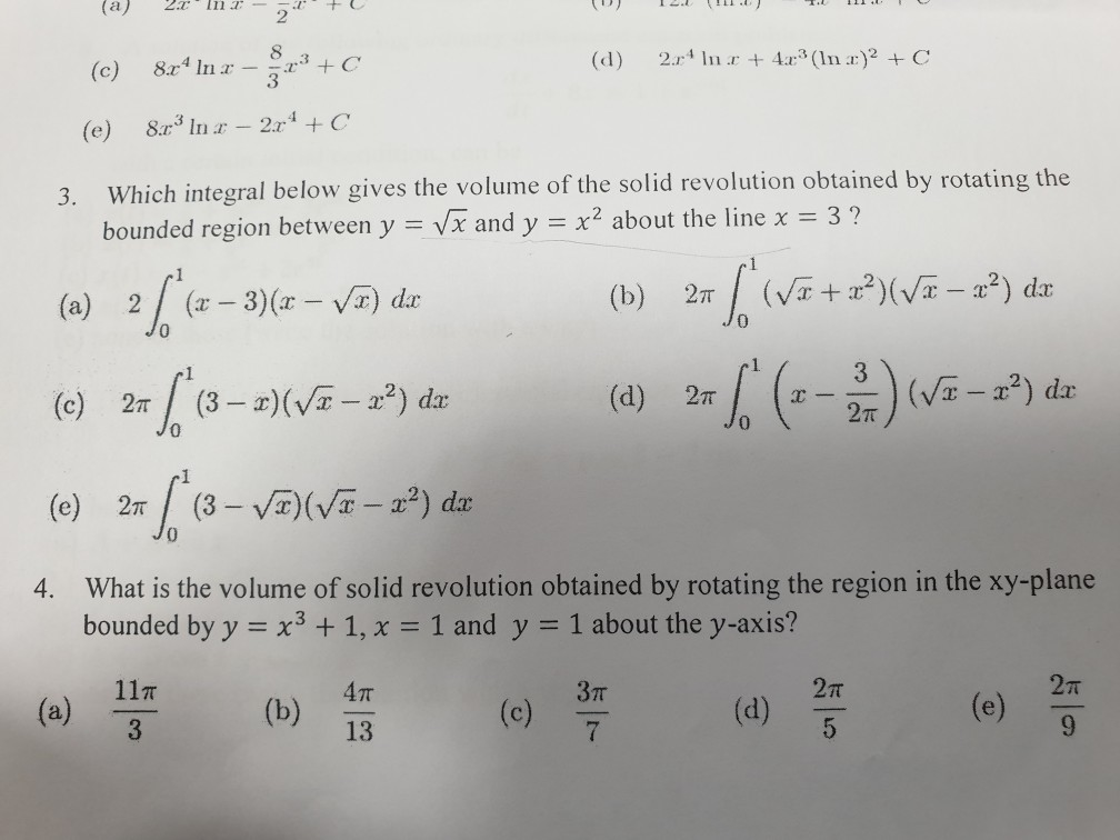 Solved (c) 8In 13 + C (e) 8 In -2c 3 Which integral below | Chegg.com