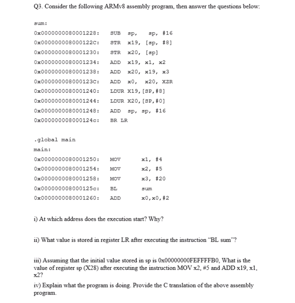 Q3. Consider the following ARMv8 assembly program, | Chegg.com