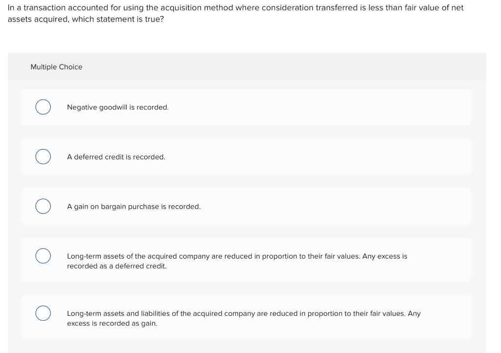 Solved In a transaction accounted for using the acquisition | Chegg.com
