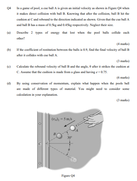 Solved 04 (a) (b) In a game of pool, a cue ball A is given | Chegg.com