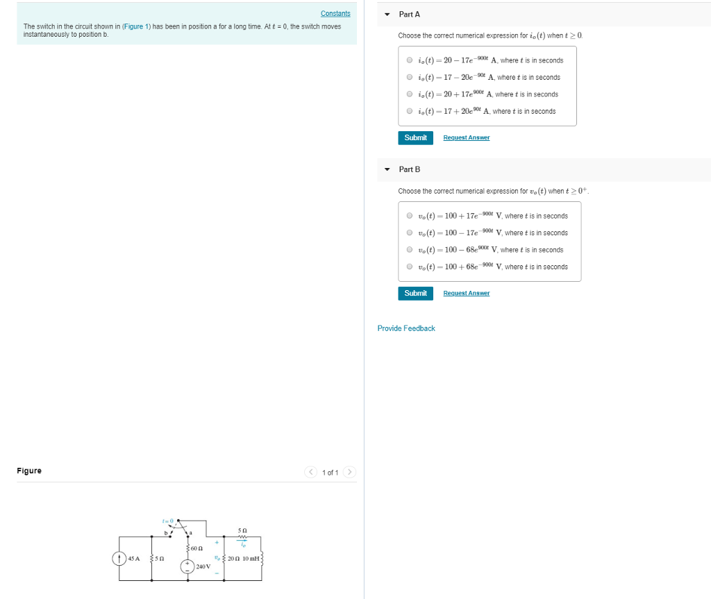 Solved Constants Part A The switch in the circuit shown in | Chegg.com