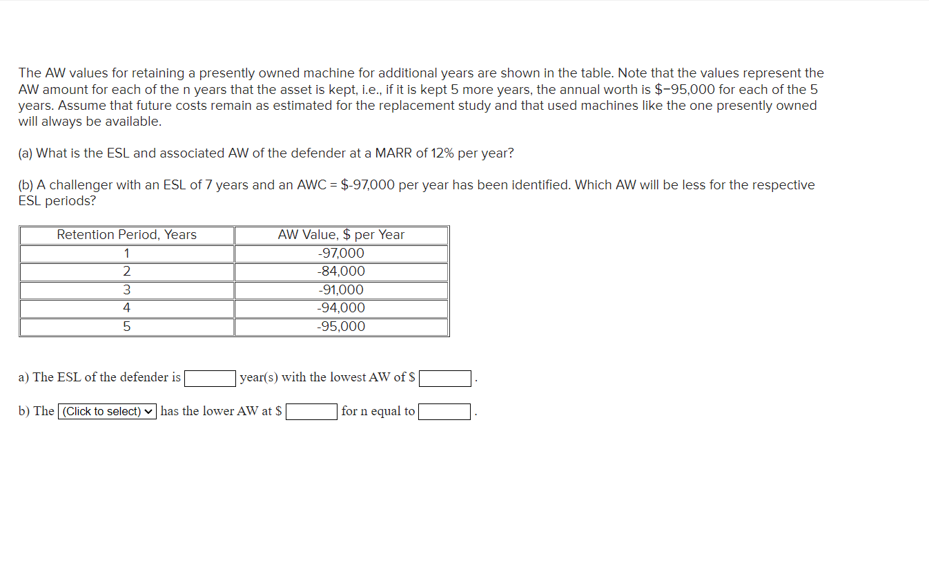 The AW values for retaining a presently owned machine | Chegg.com