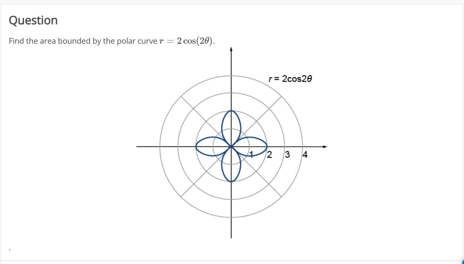 Solved Find the area bounded by the polar curve r=2cos(2θ). | Chegg.com