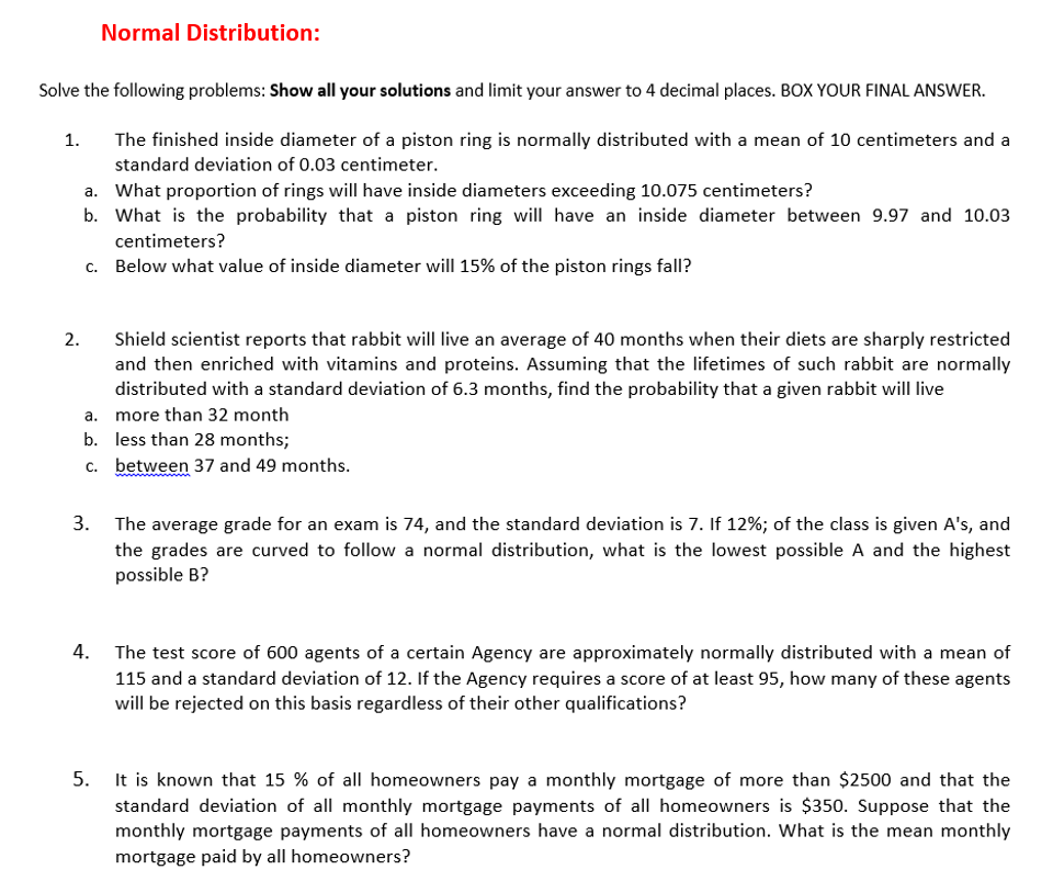 Solved Normal Distribution: Solve the following problems: | Chegg.com