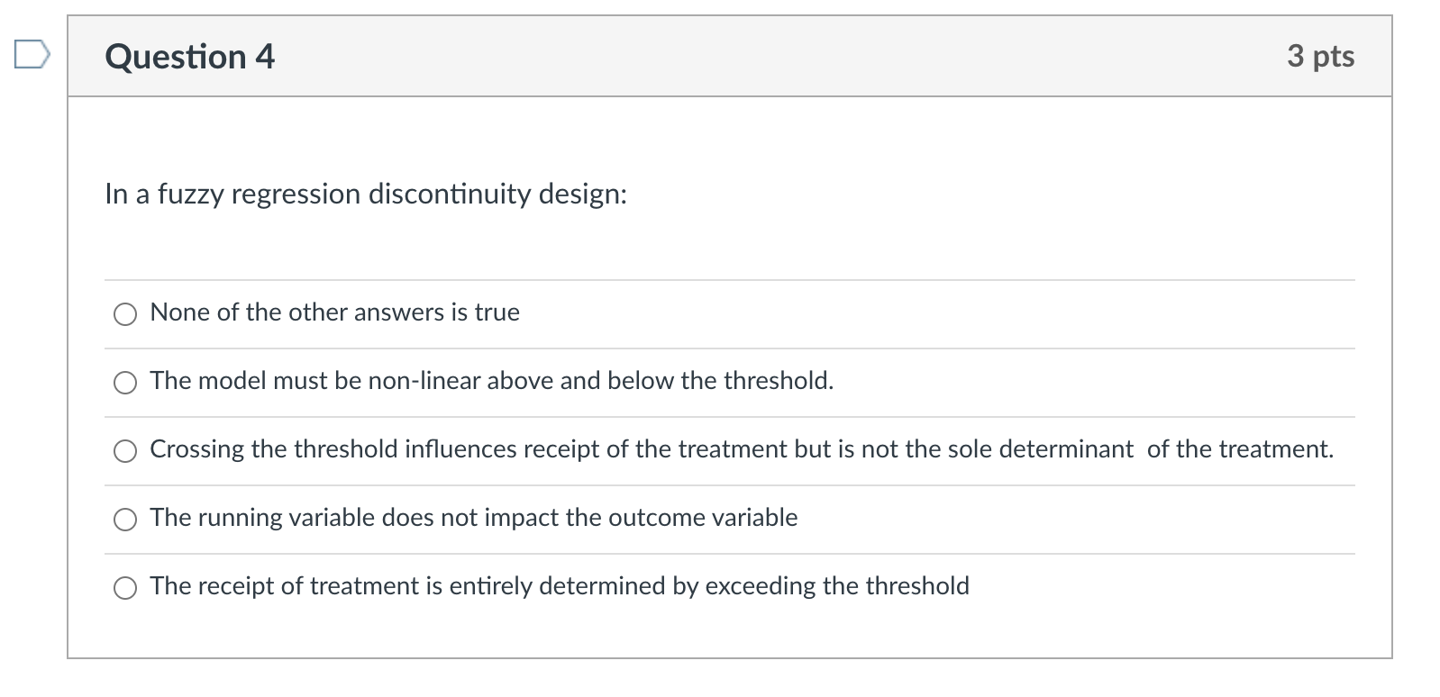 Solved Question 4 3 pts In a fuzzy regression discontinuity | Chegg.com