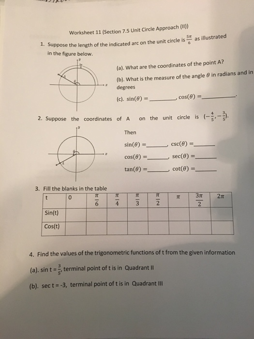 Solved Worksheet 11 Section 7 5 Unit Circle Approach 1 Chegg