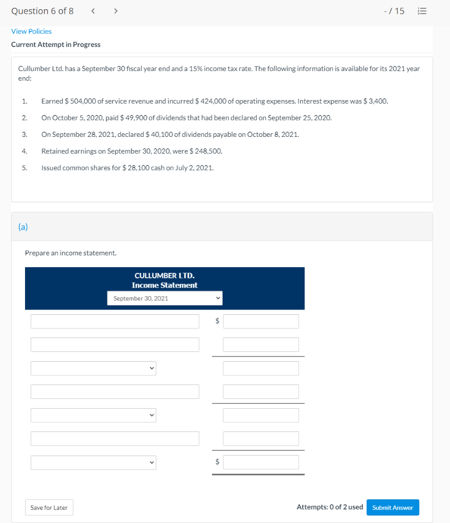 Solved Question 6 of 8 - / 15 Til View Policies Current | Chegg.com