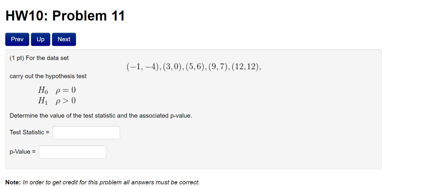 Solved HW10: Problem 11 Prev Up Next (1 pt) For the data set | Chegg.com