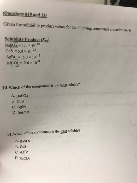 Solved Questions #10 and 11) Given the solubility product | Chegg.com