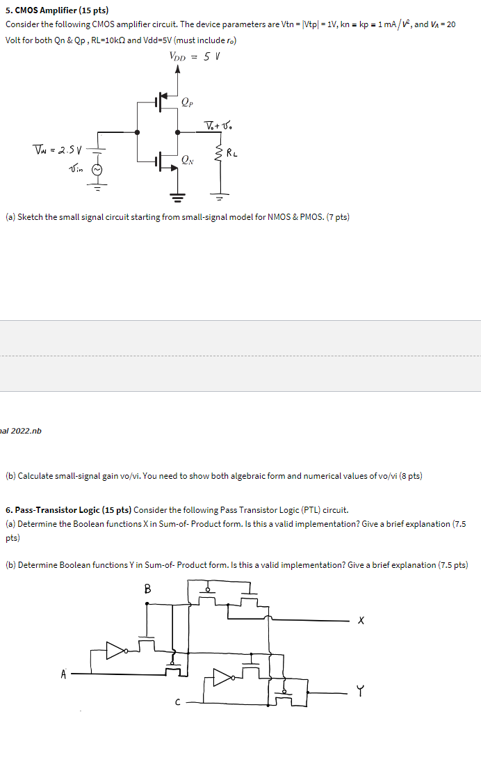 Solved 5. CMOS Amplifier (15 pts) Consider the following | Chegg.com